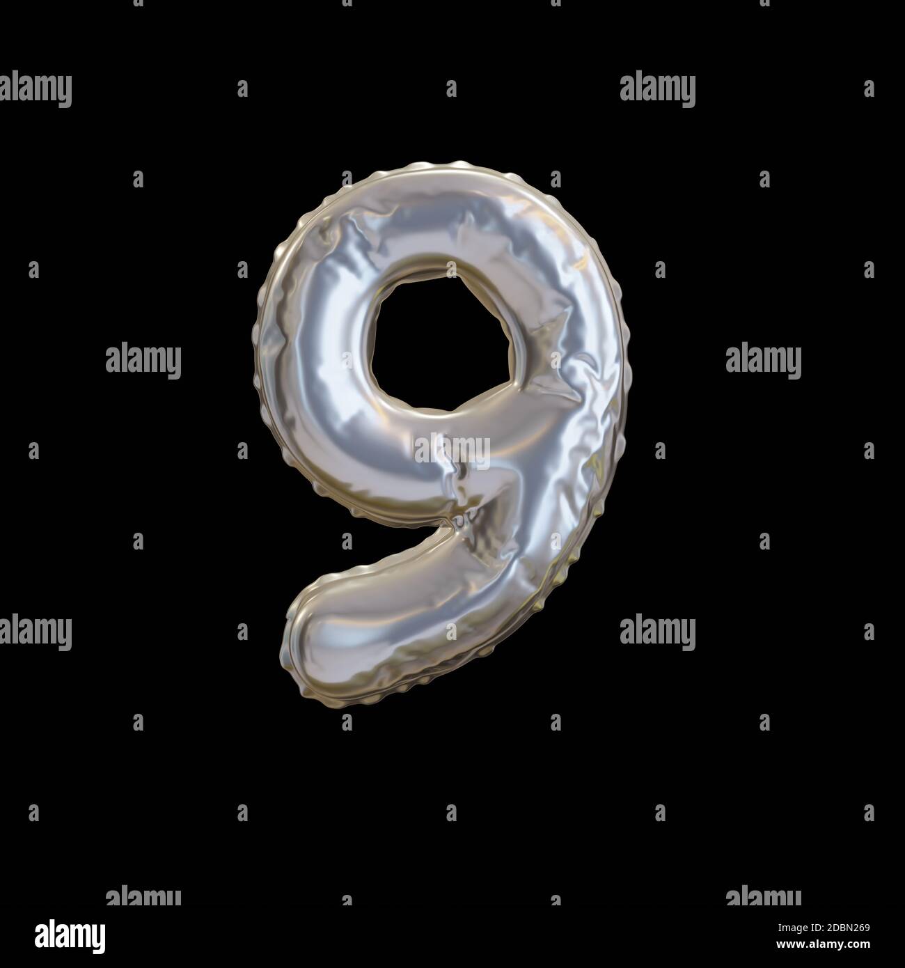 Silver Balloon Number 9, Realistic 3D Rendering on a black background ...