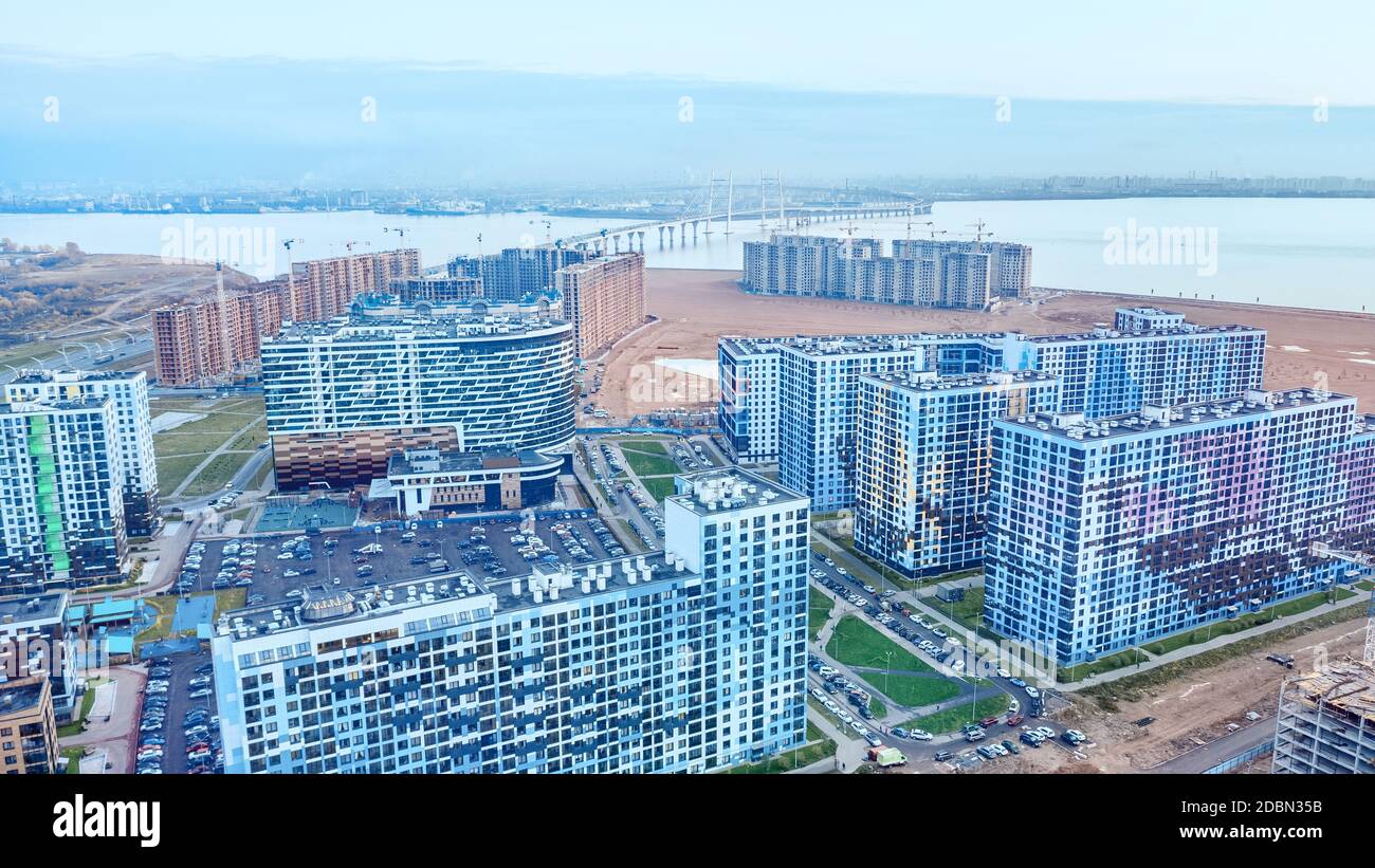 New buildings and construction sites aerial panoramic view. Generic ...