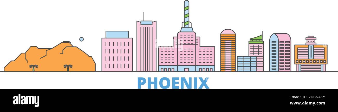 United States, Phoenix line cityscape, flat vector. Travel city ...