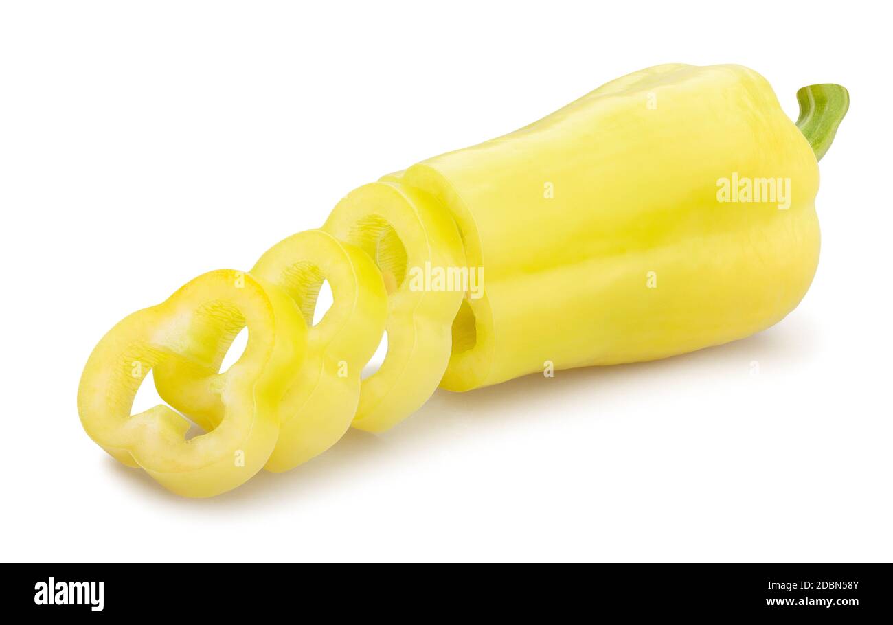 sliced long yellow pepper path isolated on white Stock Photo - Alamy