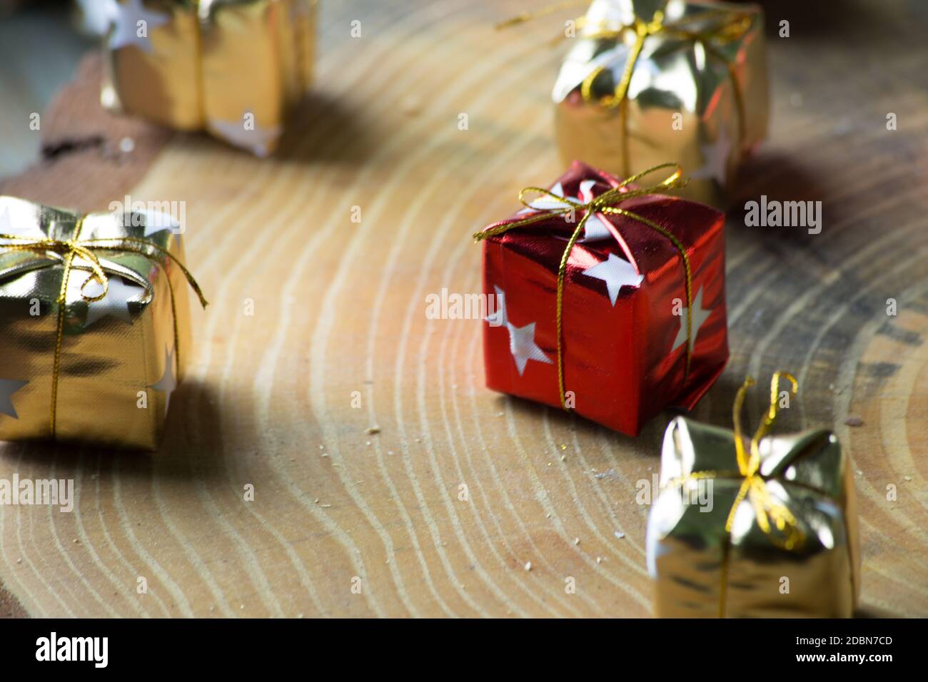 small gift boxes in rustic wood. gift boxes Stock Photo - Alamy