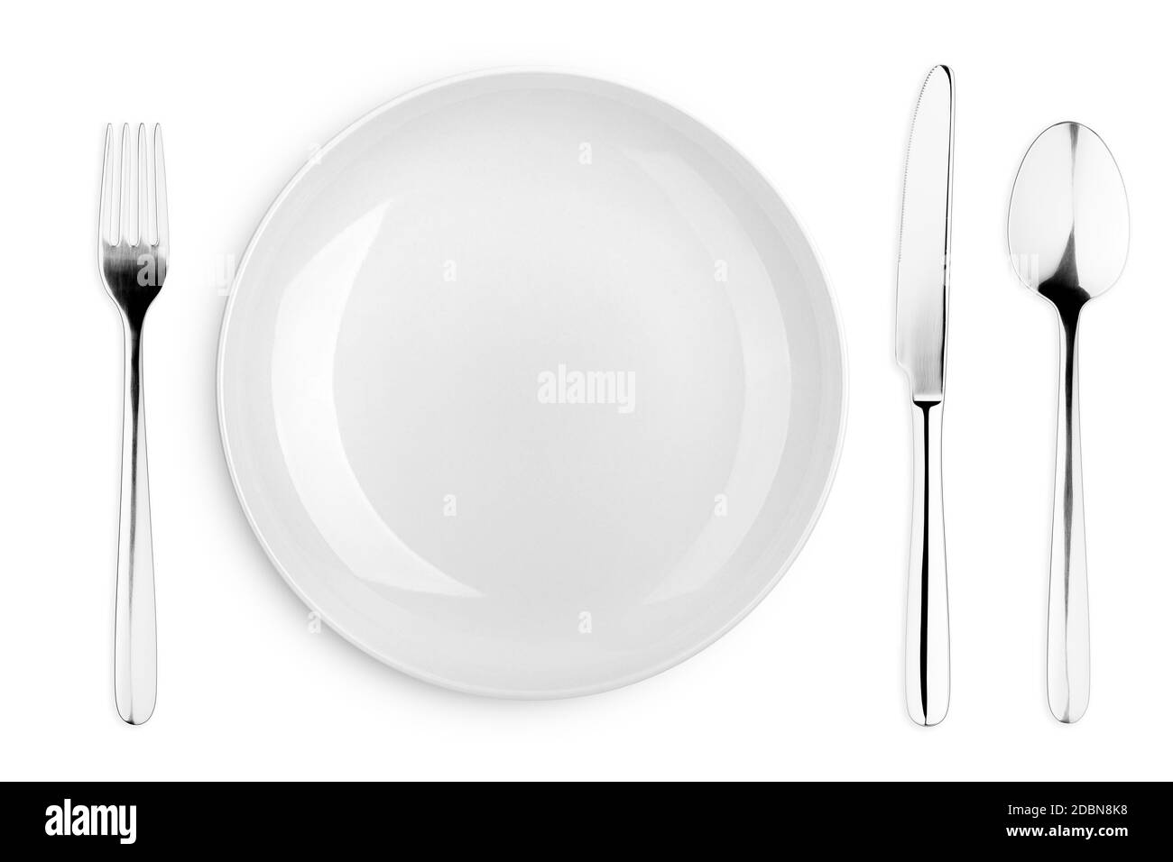 Empty plate, Spoon, fork, knife, clipping path, white background ...