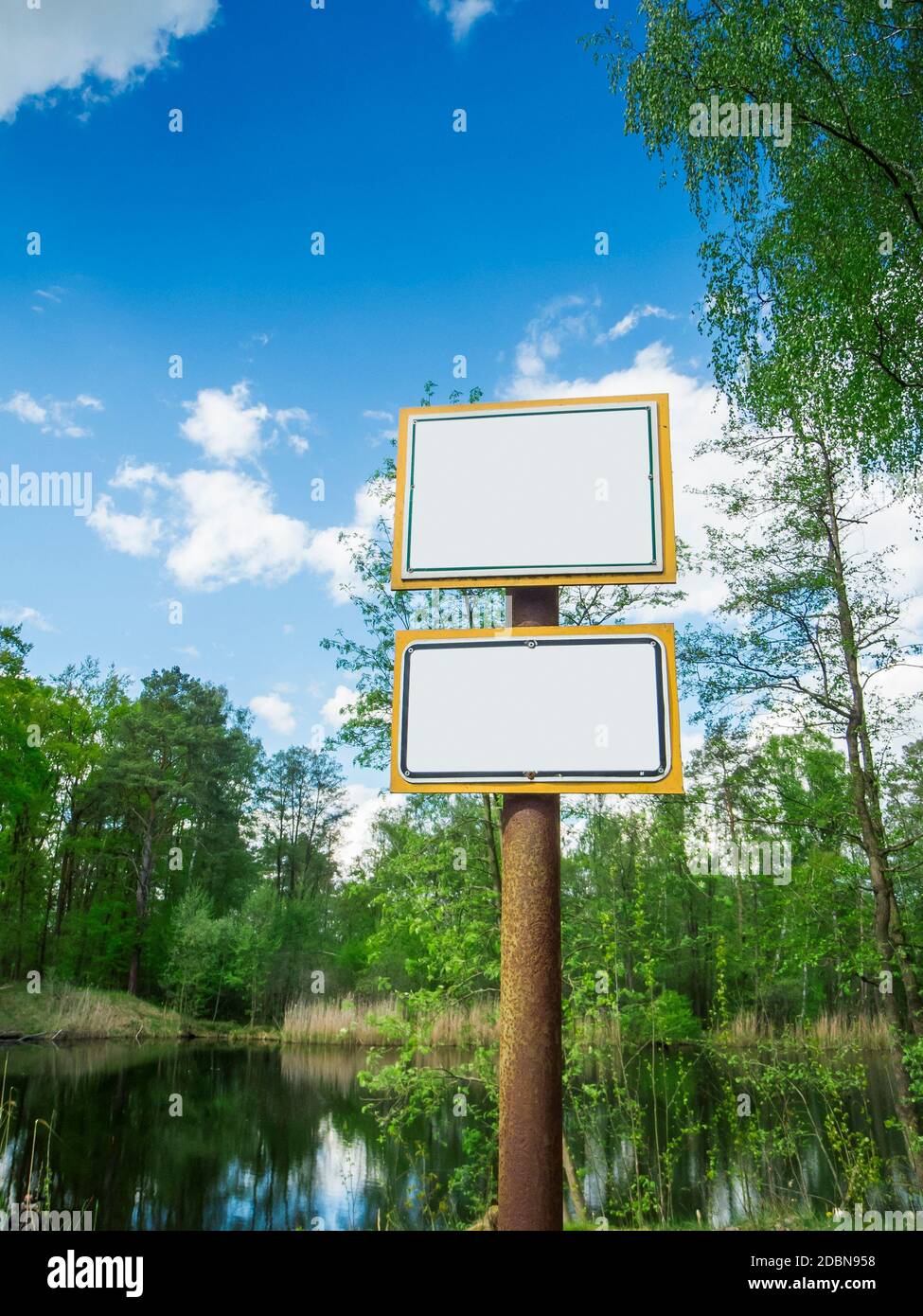 Wide-angle landscape view of a small pond framed by young trees with ...