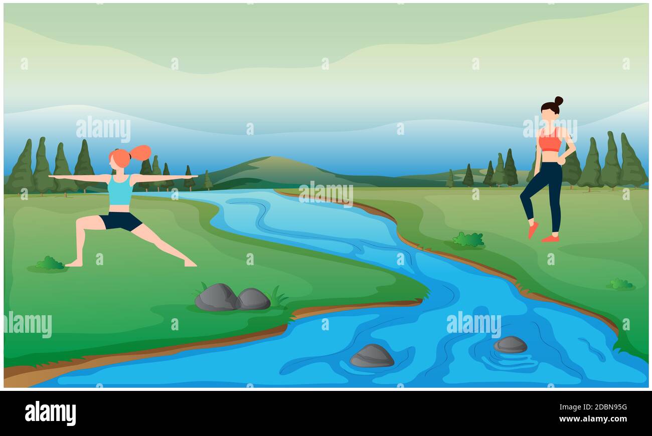 girls are doing exercises near the river Stock Photo - Alamy