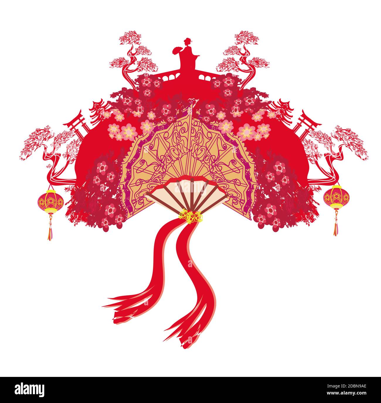 Abstract decorative fan with Asian girl Stock Photo - Alamy