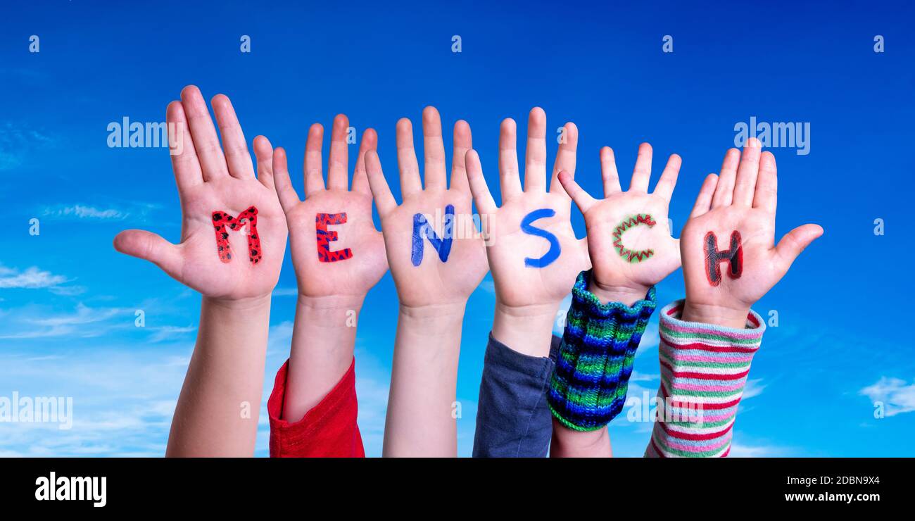Children Hands Building Colorful German Word Mensch Means Human. Blue ...