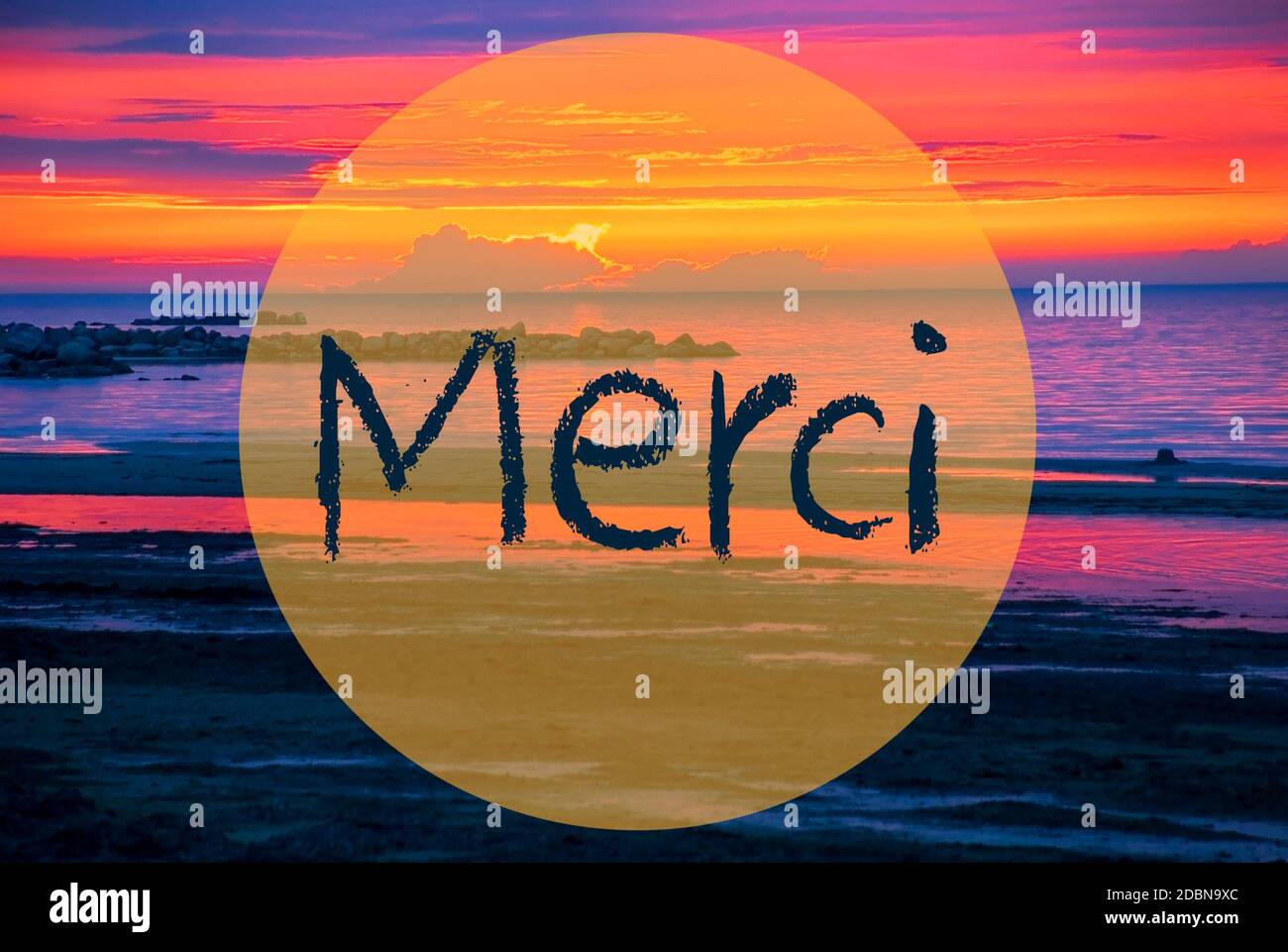 French Text Merci Means Thank You. Romantic Sunset Or Sunrise At Sea Or ...
