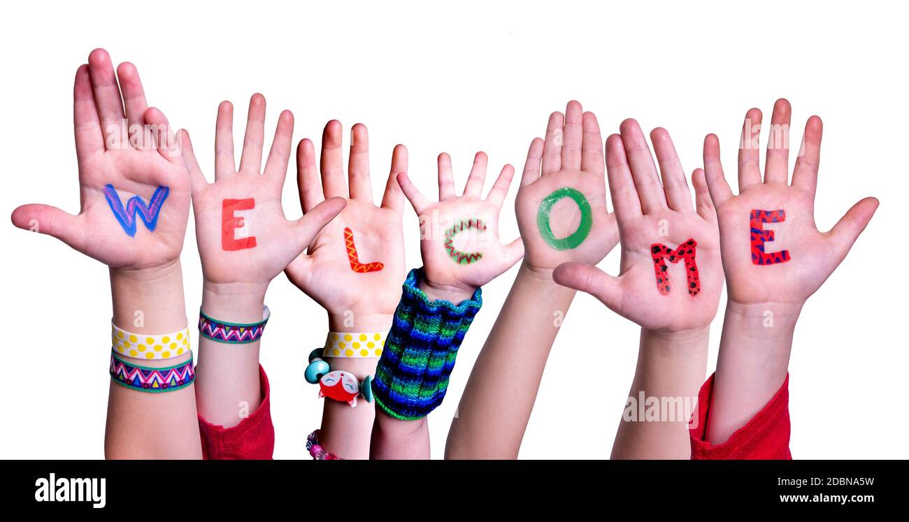 Children Hands Building Colorful Word Welcome. White Isolated ...