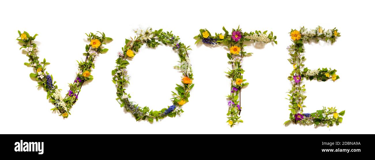 Flower, Branches And Blossom Letter Building English Word Vote. White ...