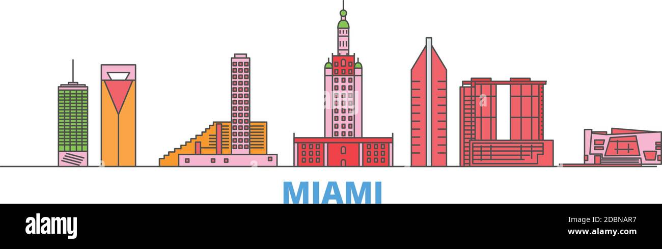 United States, Miami line cityscape, flat vector. Travel city landmark ...