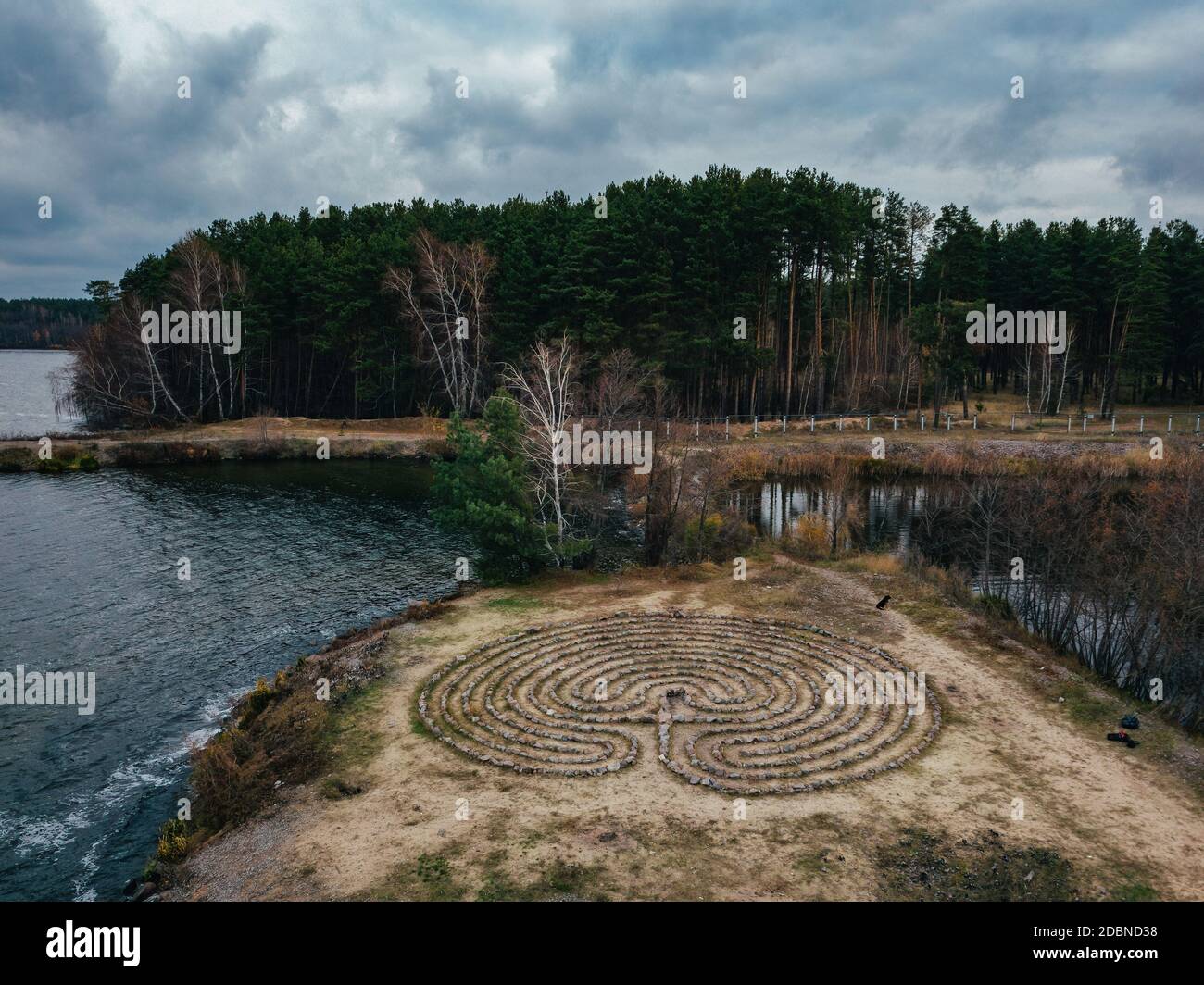 Spiral labyrinth made of stones on the coast, top view from drone Stock ...