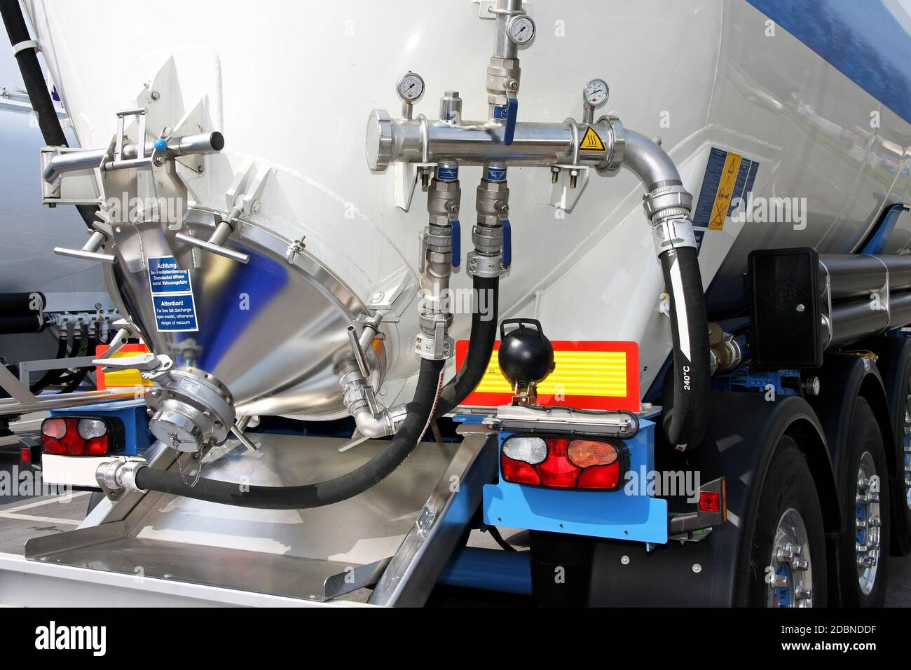 Rear view of cistern trailer with valves Stock Photo - Alamy