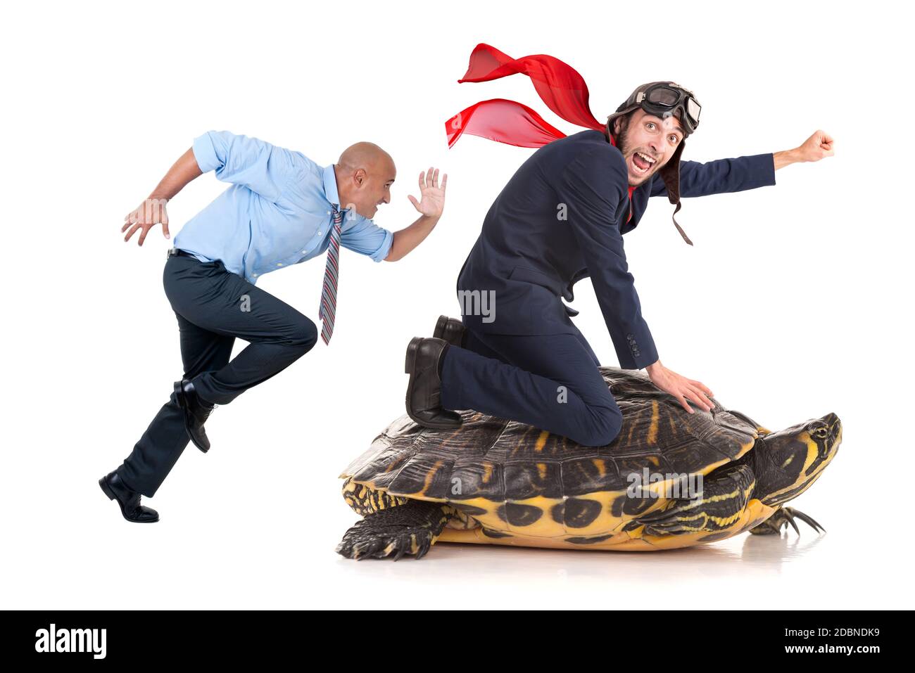 Businessman riding a turtle in a race isolated in a white background ...
