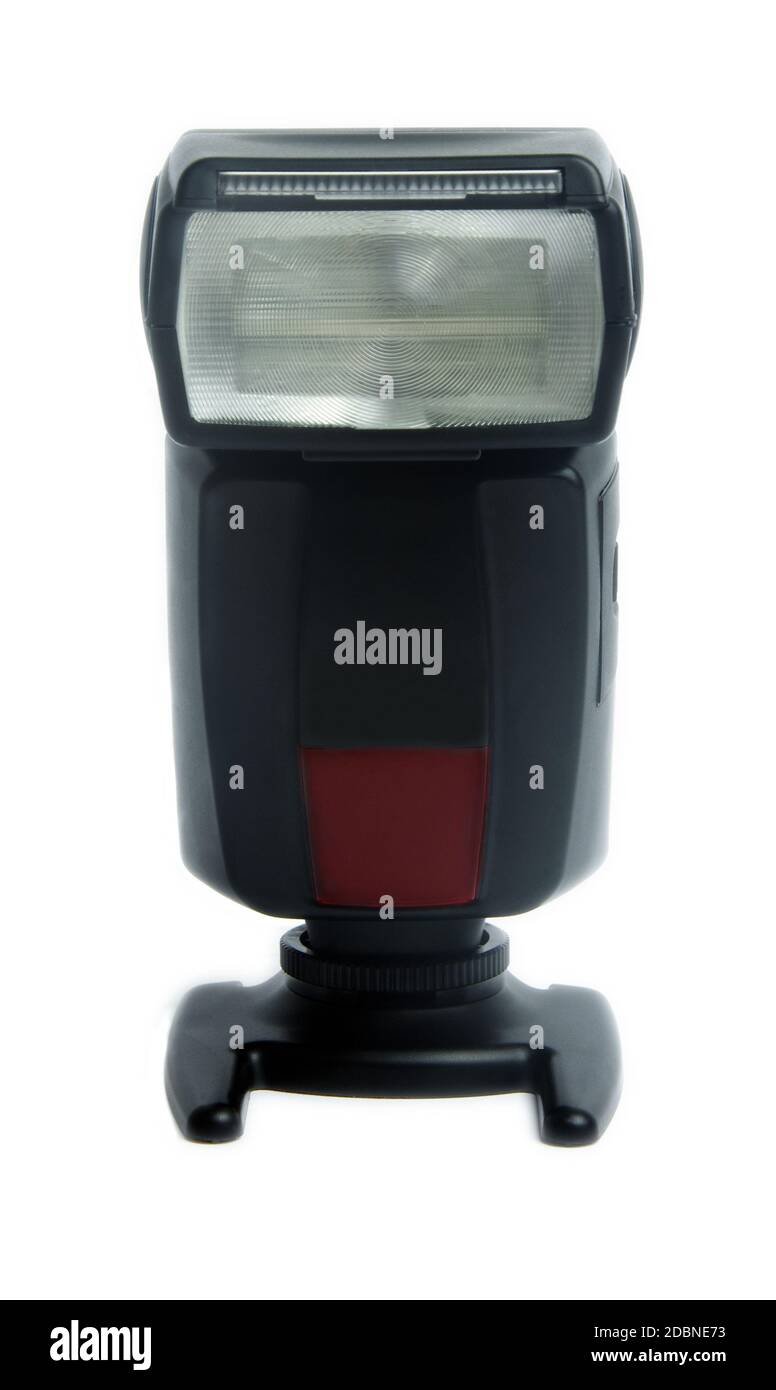 black camera speedlight flash on white Stock Photo - Alamy