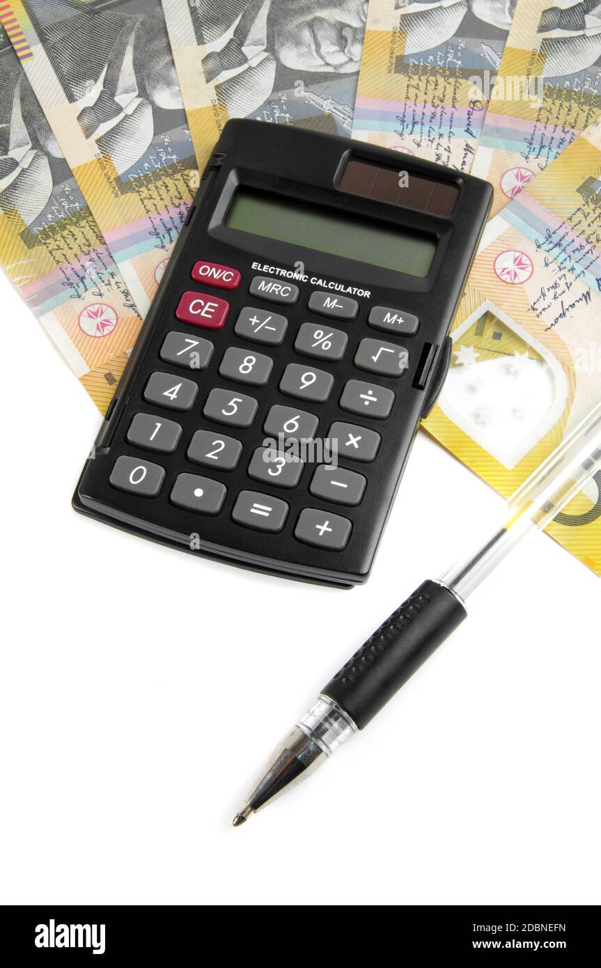 australian money with calculator over white Stock Photo - Alamy