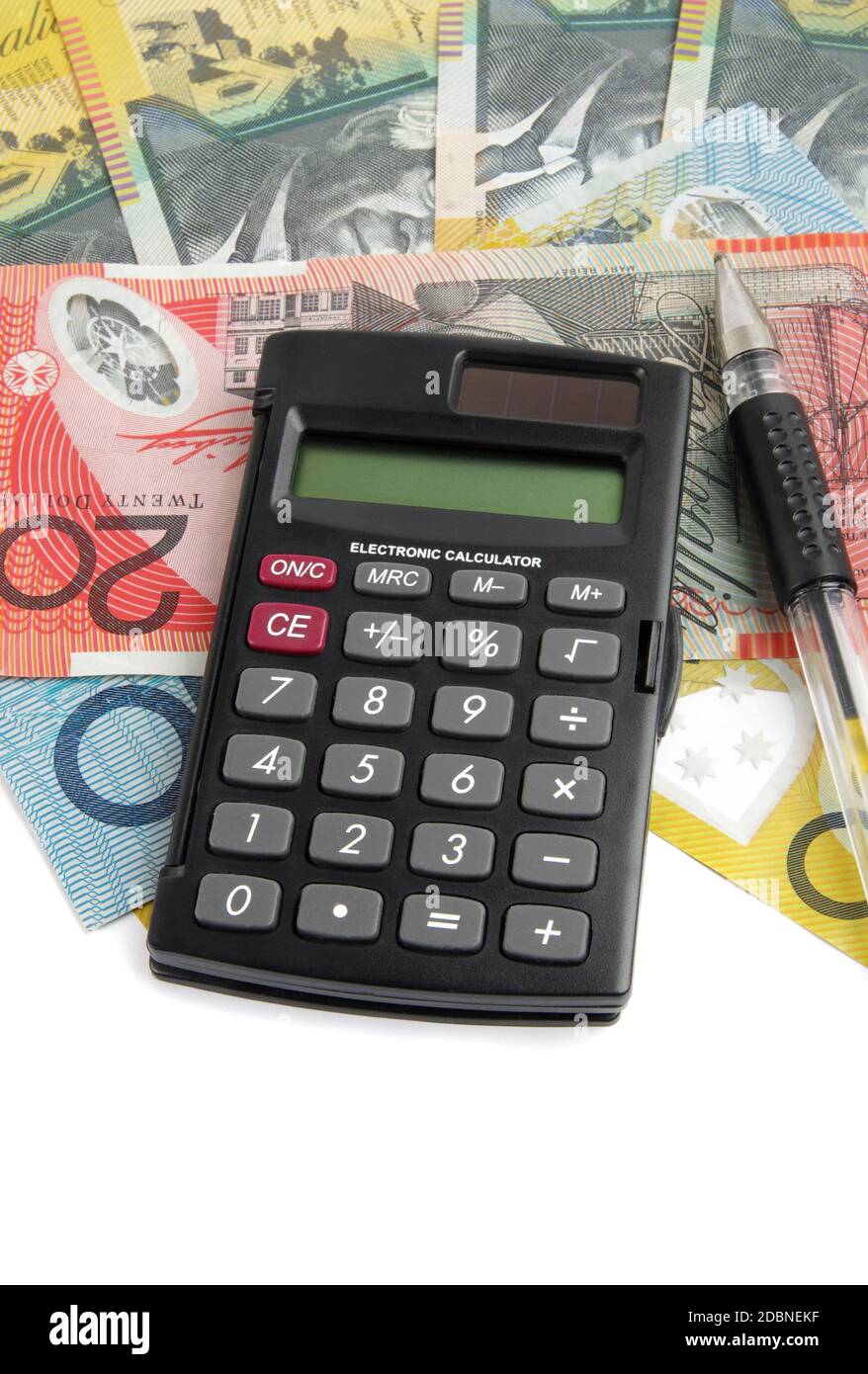 australian money with calculator over white Stock Photo - Alamy