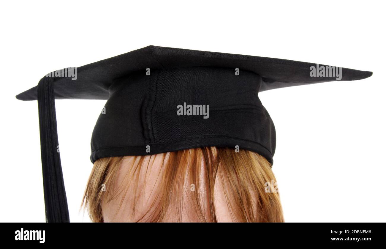 graduation hat on the head closeup Stock Photo - Alamy