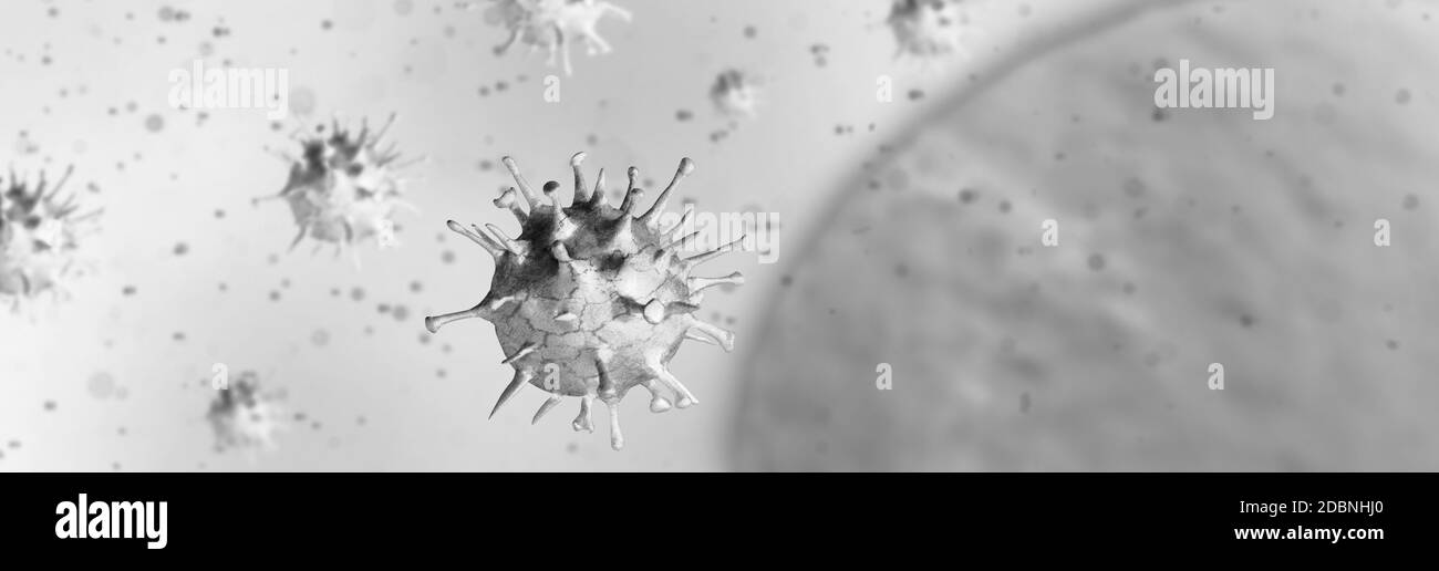 Microscopic view of influenza virus cells. 3D medical illustration ...