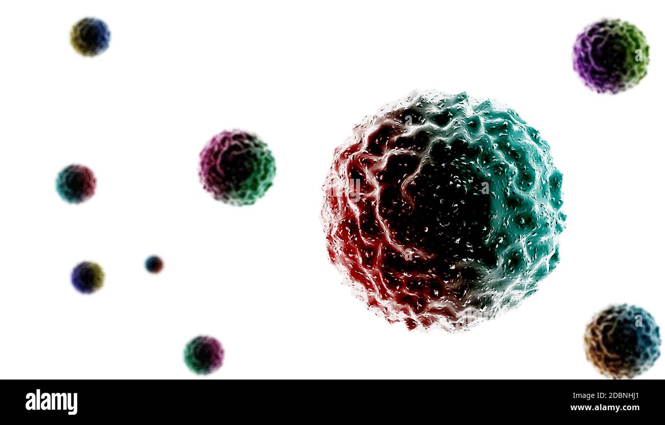 Microscopic view of influenza virus cells. 3D medical illustration ...