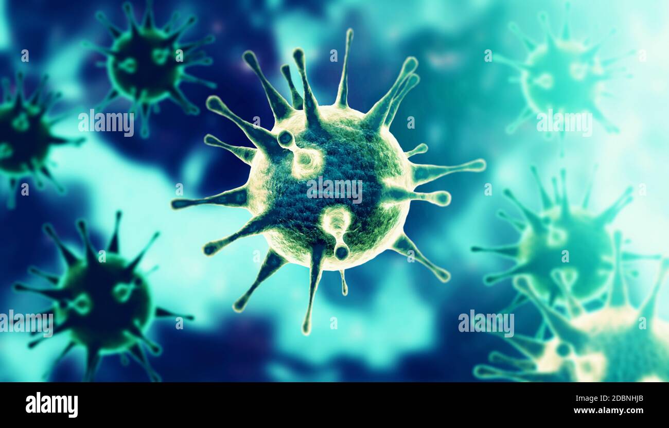 Microscopic view of influenza virus cells. 3D medical illustration ...