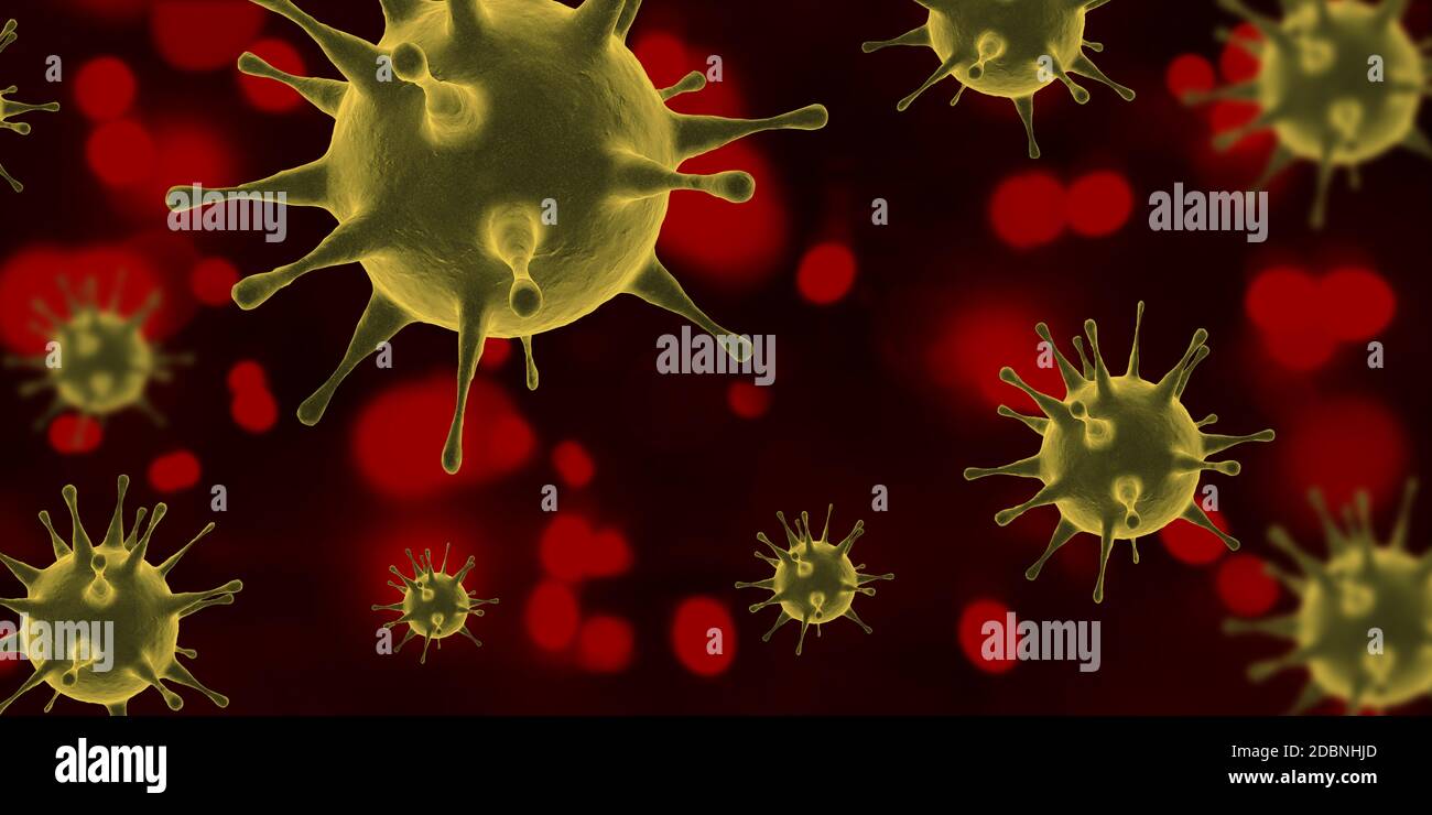 Microscopic view of influenza virus cells. 3D medical illustration ...