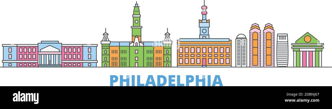 United States, Philadelphia line cityscape, flat vector. Travel city ...