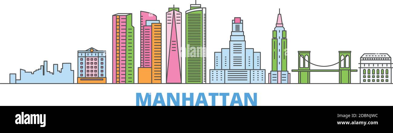 United States, New York Manhattan line cityscape, flat vector. Travel ...