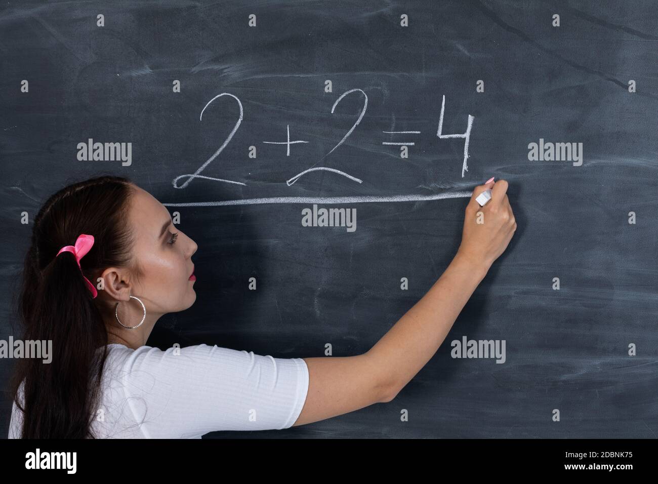 A young schoolgirl writes on the blackboard. School math lesson. He ...