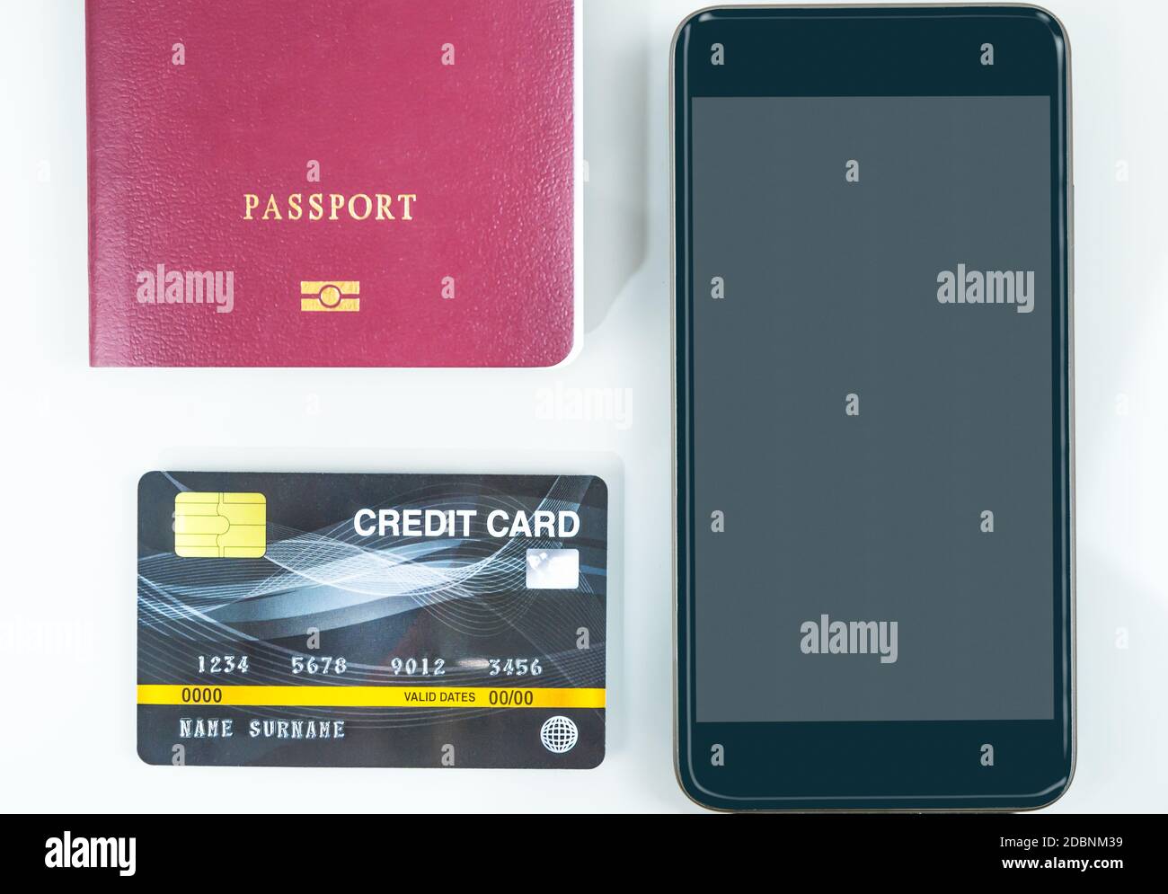 Smart phone, passport, credit card, on white background, Traveling ...