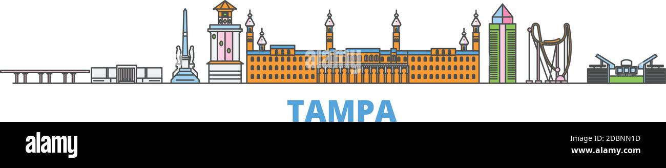 United States, Tampa line cityscape, flat vector. Travel city landmark ...
