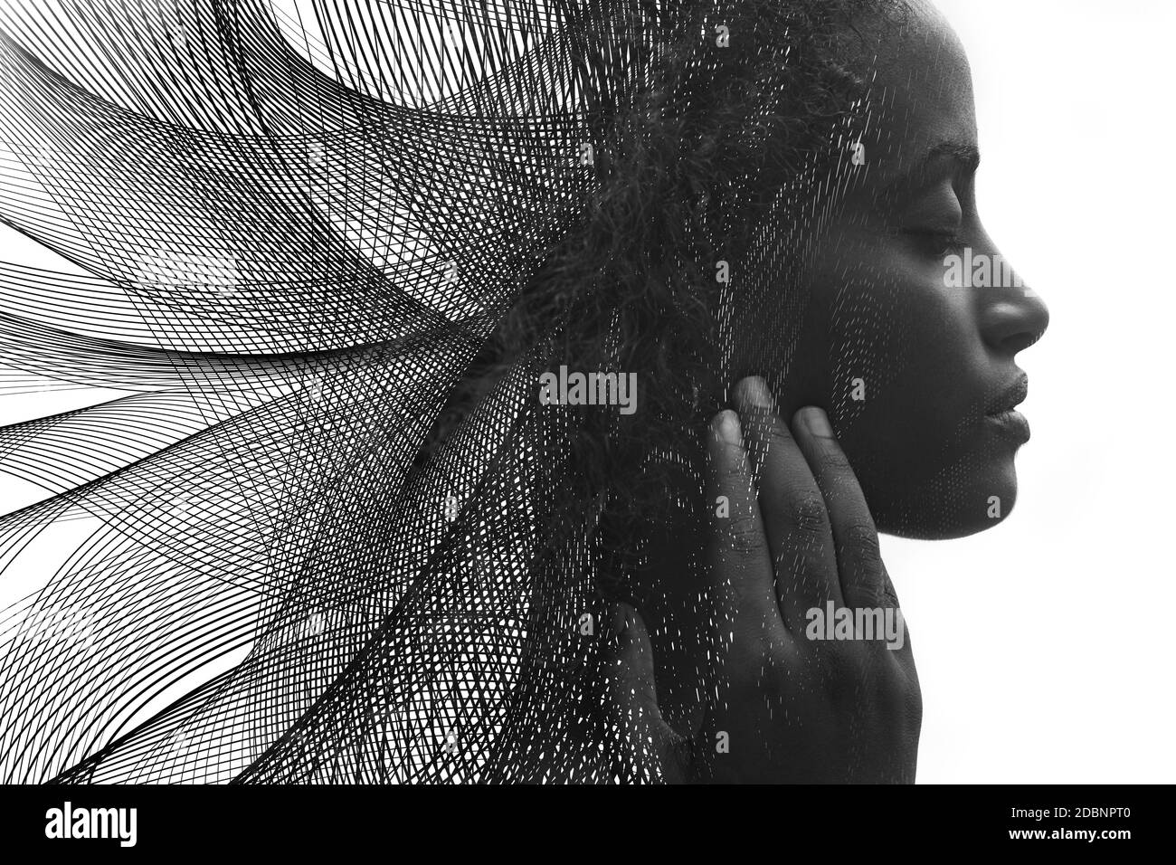 Artwork created by combining a portrait with digital graphics Stock ...