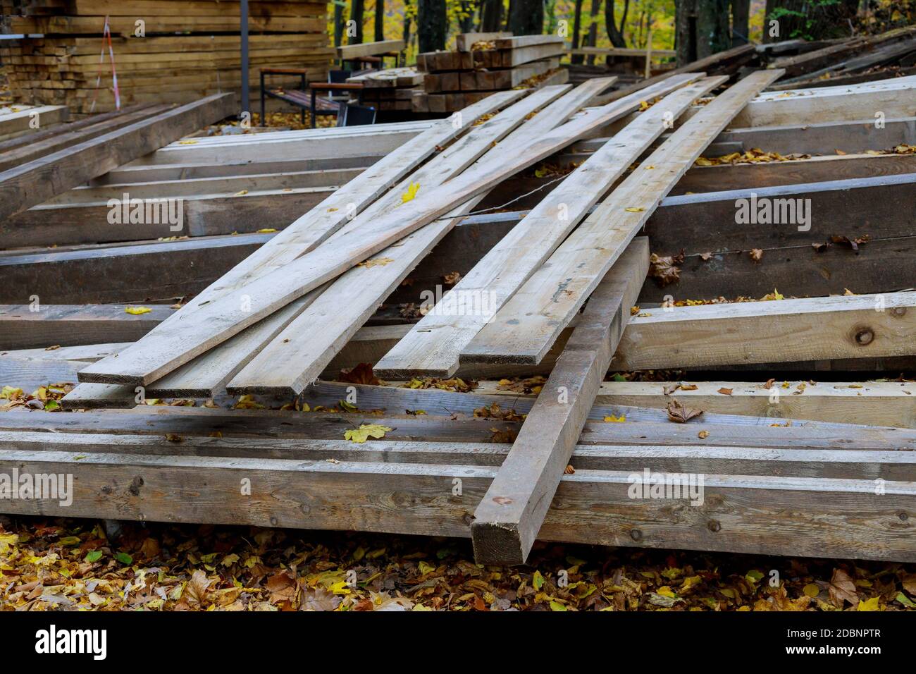 Wood timber construction material stock in joinery on the construction ...