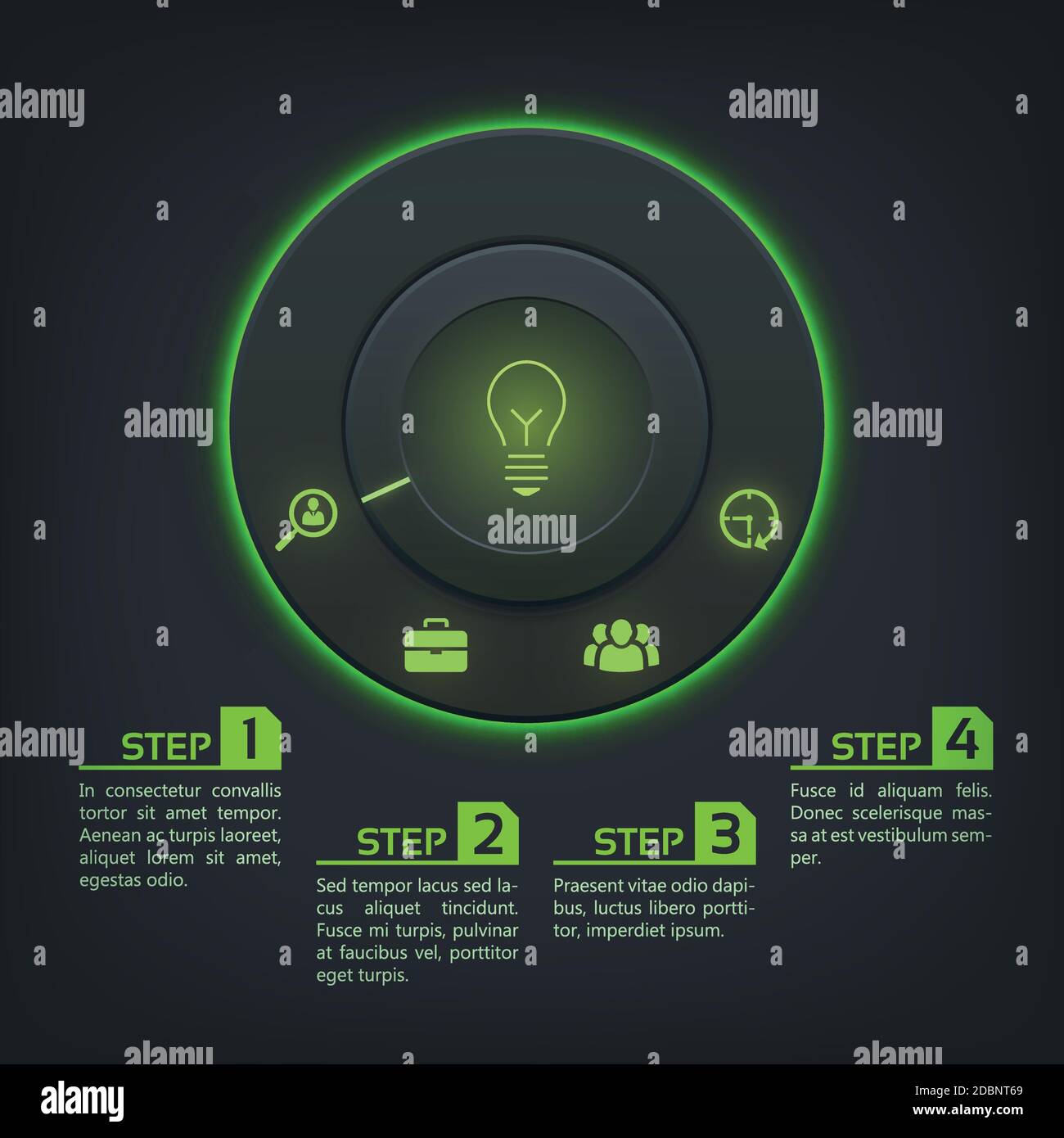 Abstract infographic template with round button green backlight four ...