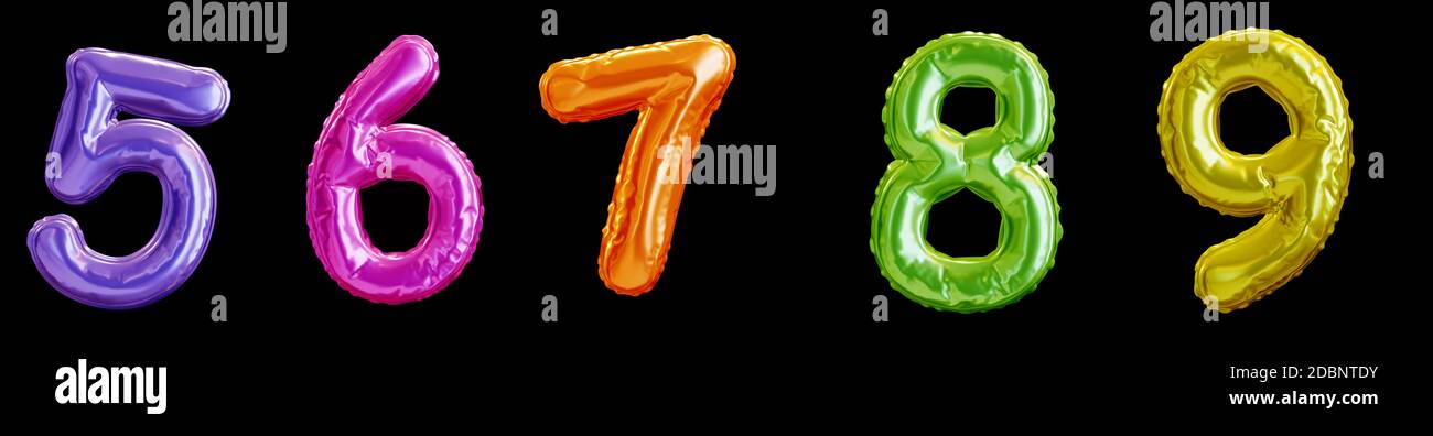 Set of colorful Balloon Numbers 5 - 9, Realistic 3D Rendering on a ...