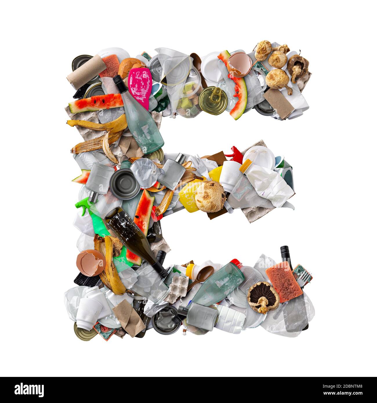 Letter E made of trash isolated on white background Stock Photo - Alamy