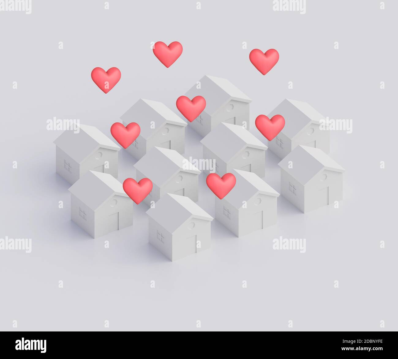 Many white houses with hearts over roofs, beloved family home concept ...