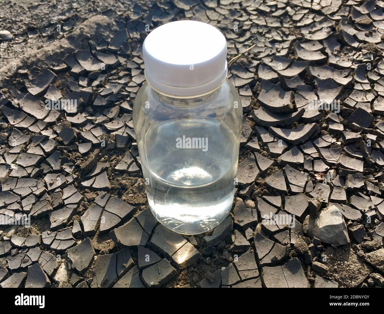Bottle with water on dry ground at hot, arid day. Water deficit concept ...