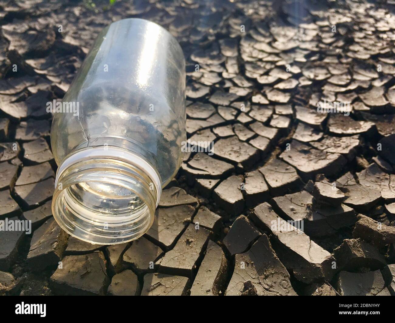 Empty bottle on dry ground at hot, arid day. Water deficit concept ...