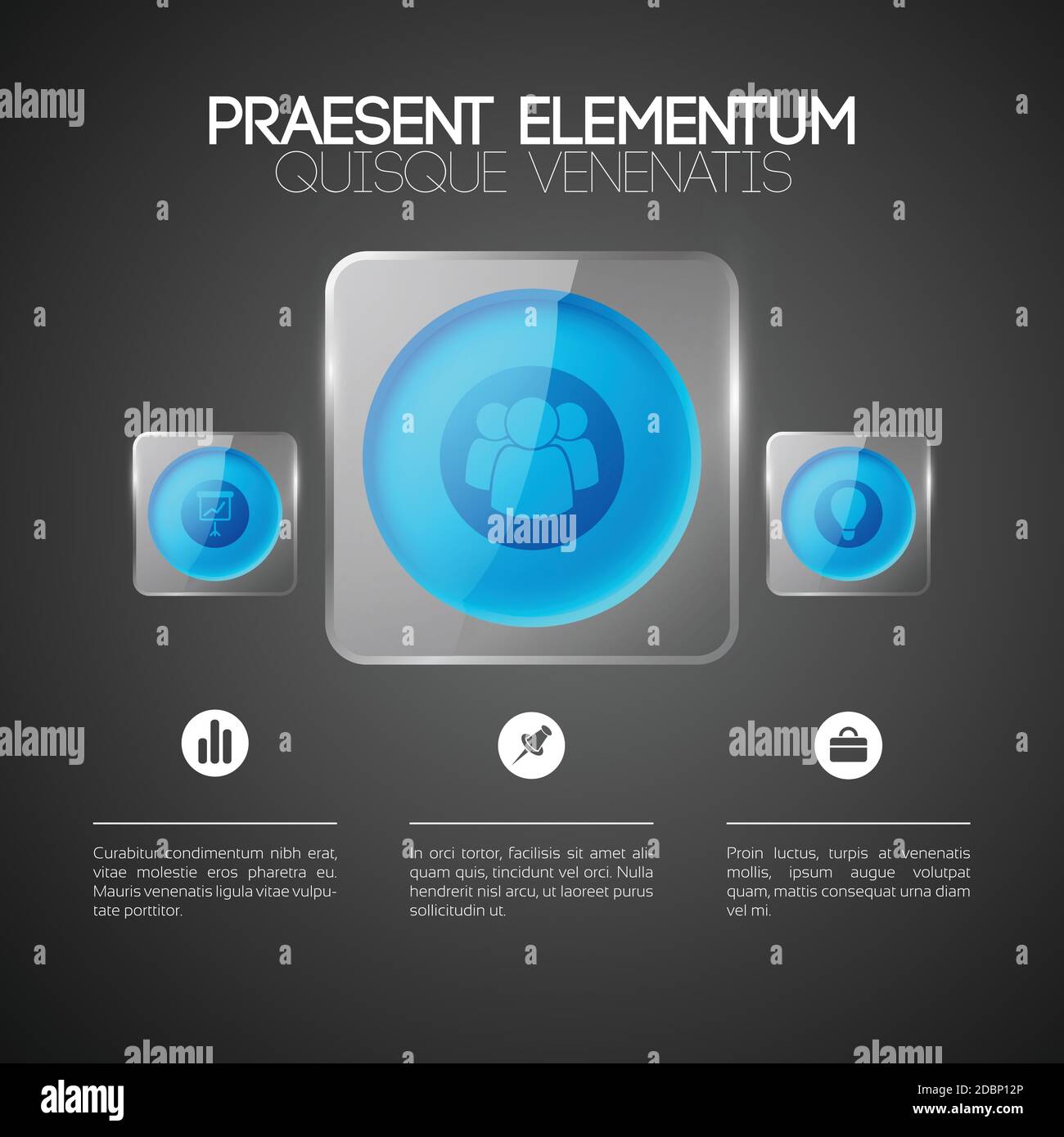 Abstract infographic design concept with text business icons blue round buttons in glass square ...