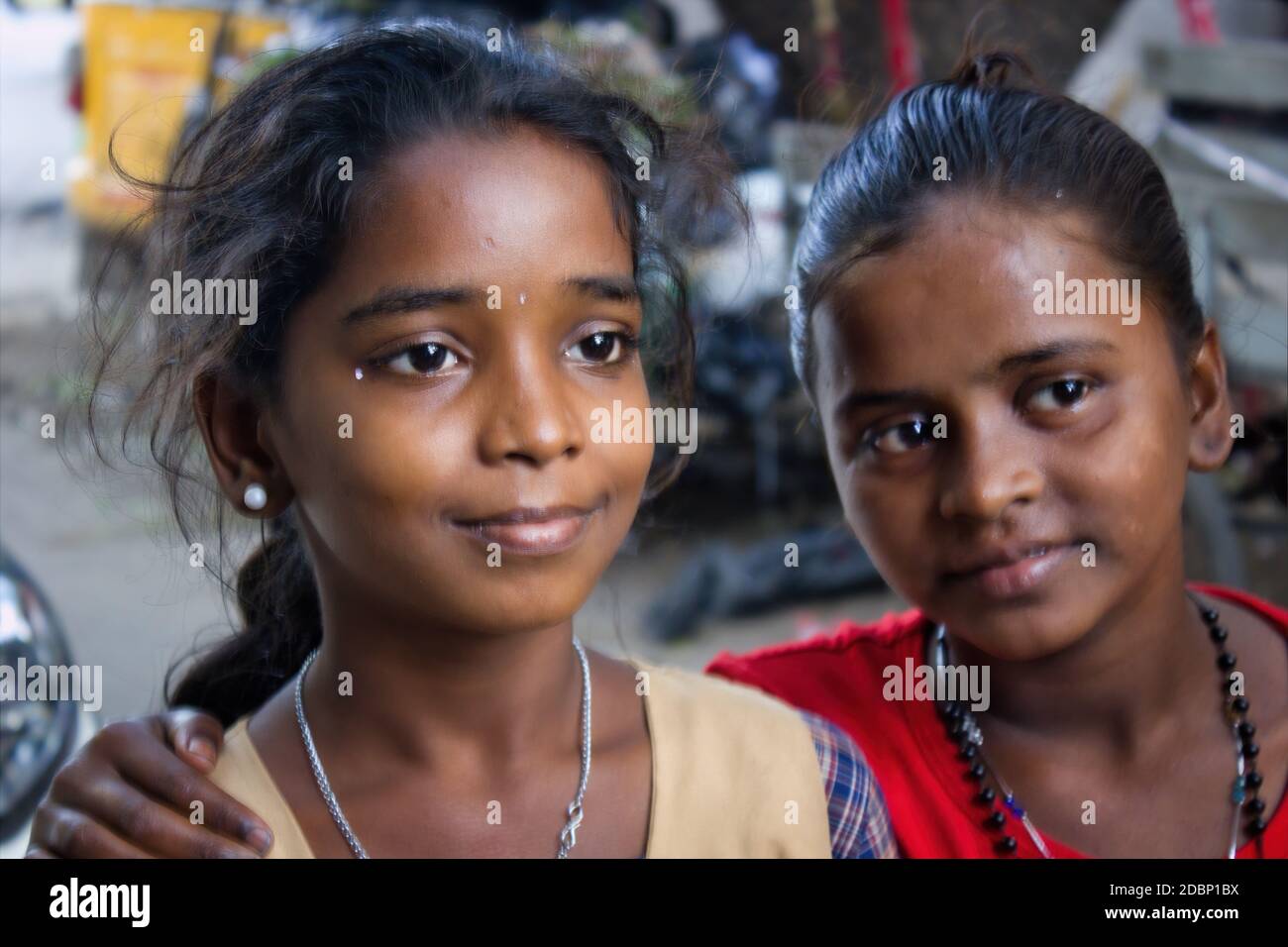 Chennai, India - October 29, 2018: Portrait of two simple Indian young ...