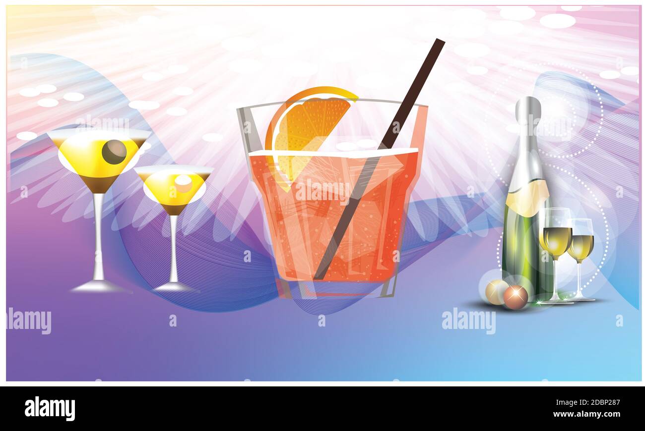 Drinks glasses and bottle on abstract background Stock Photo - Alamy