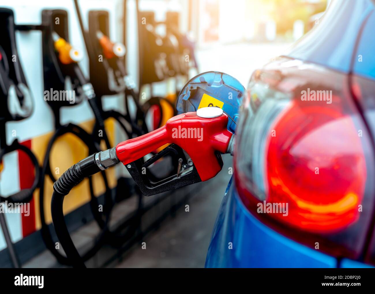 Car fueling at gas station. Refuel fill up with petrol gasoline. Petrol ...