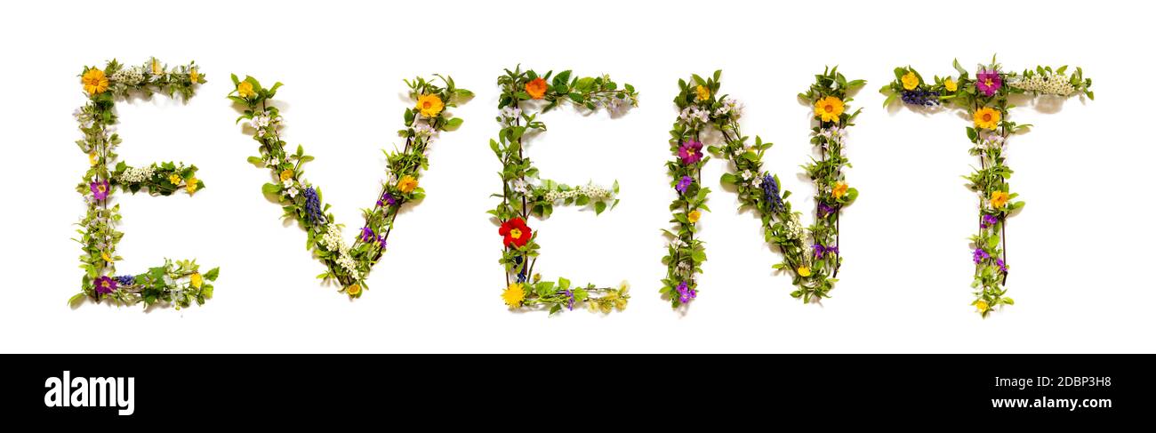Flower, Branches And Blossom Letter Building English Word Event. White ...