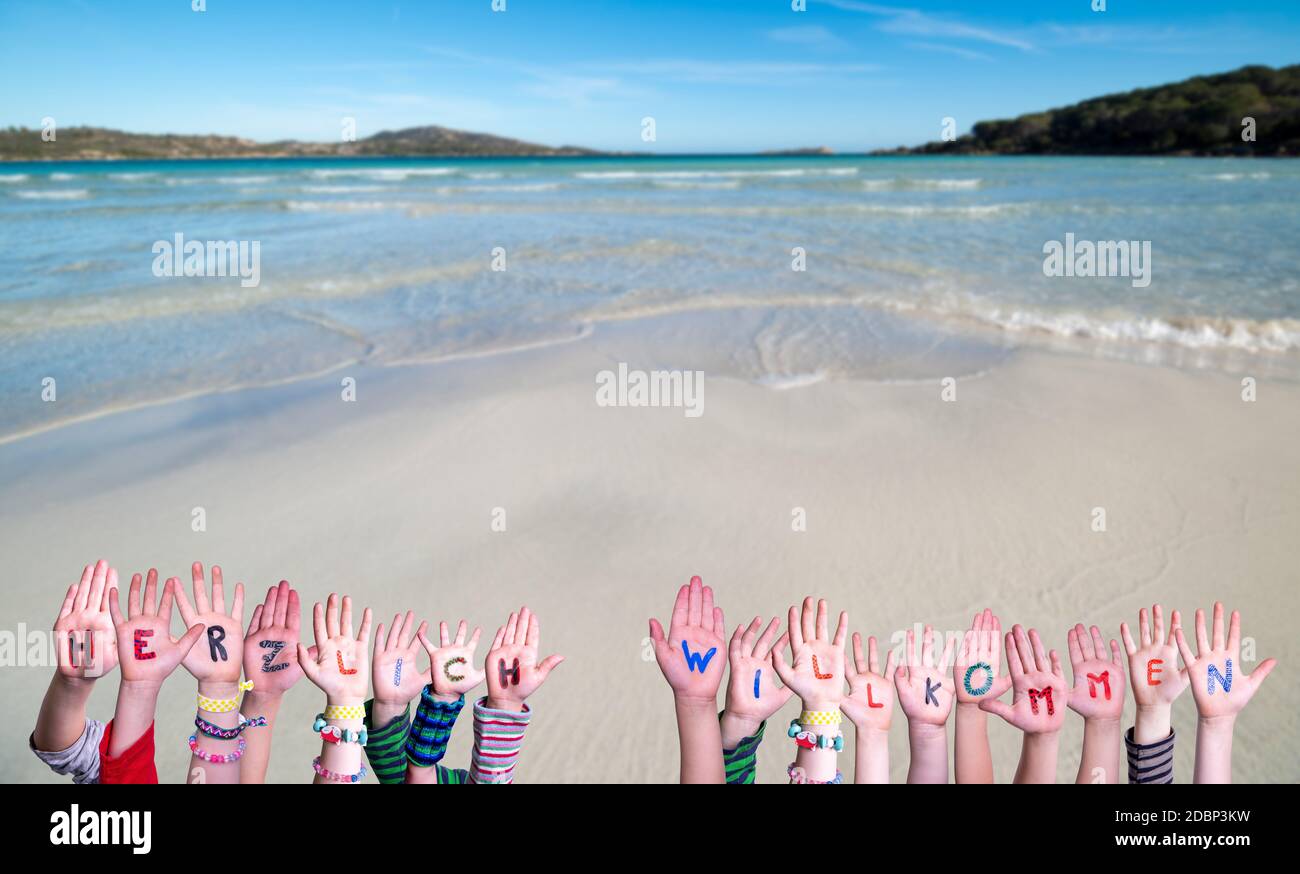 Children Hands Building Colorful German Word Herzlich Willkommen Mean ...
