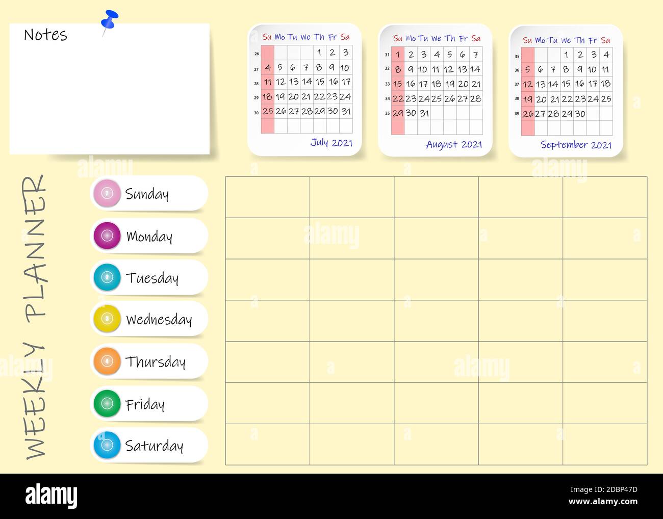 Calendar of third quarter of 2021 year with weekly planner table and ...