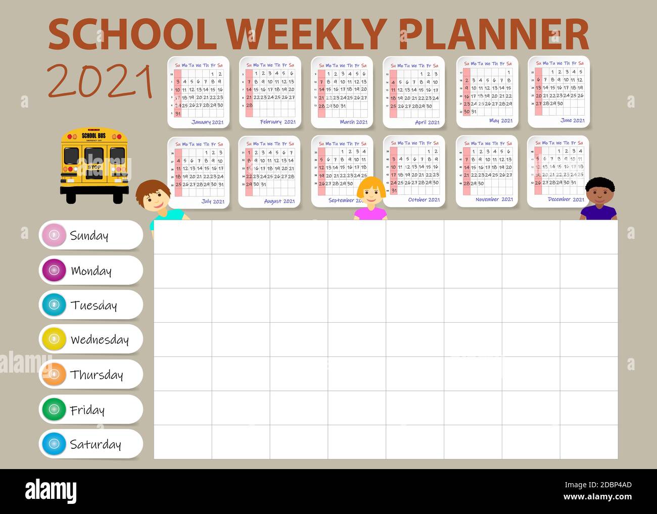 School calendar of 2021 year and blank weekly planner with school bus ...