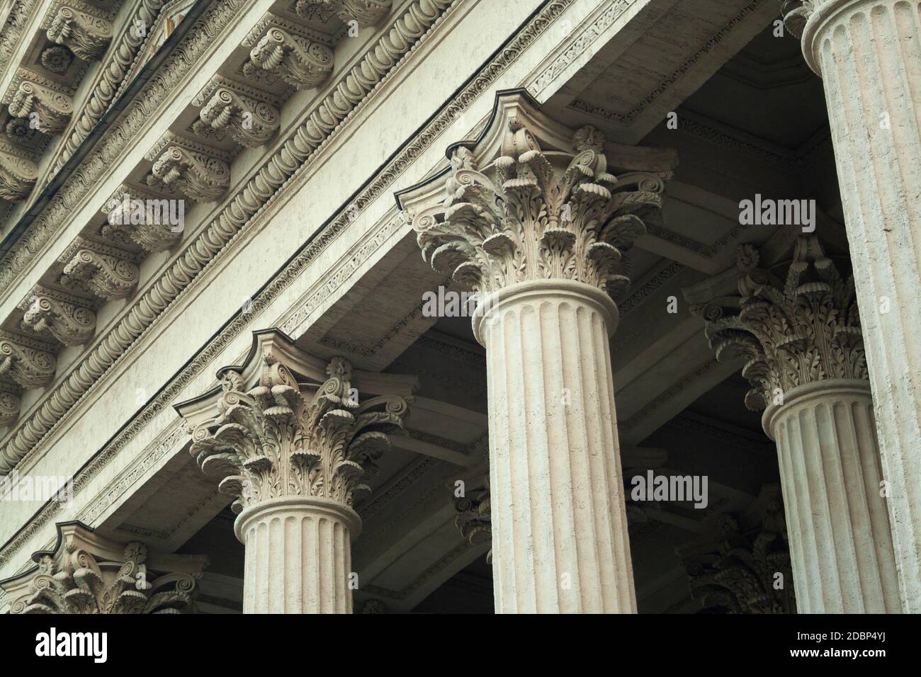 Beautiful carved stone columns and sculptures upward view. Kazan ...