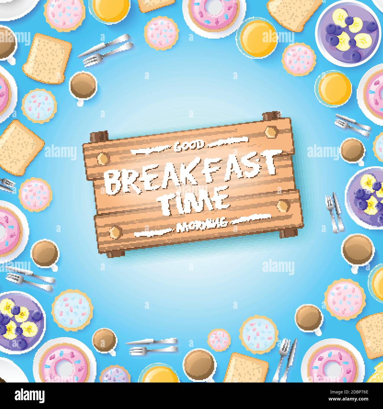 Colorful breakfast template with traditional tasty meals desserts and ...