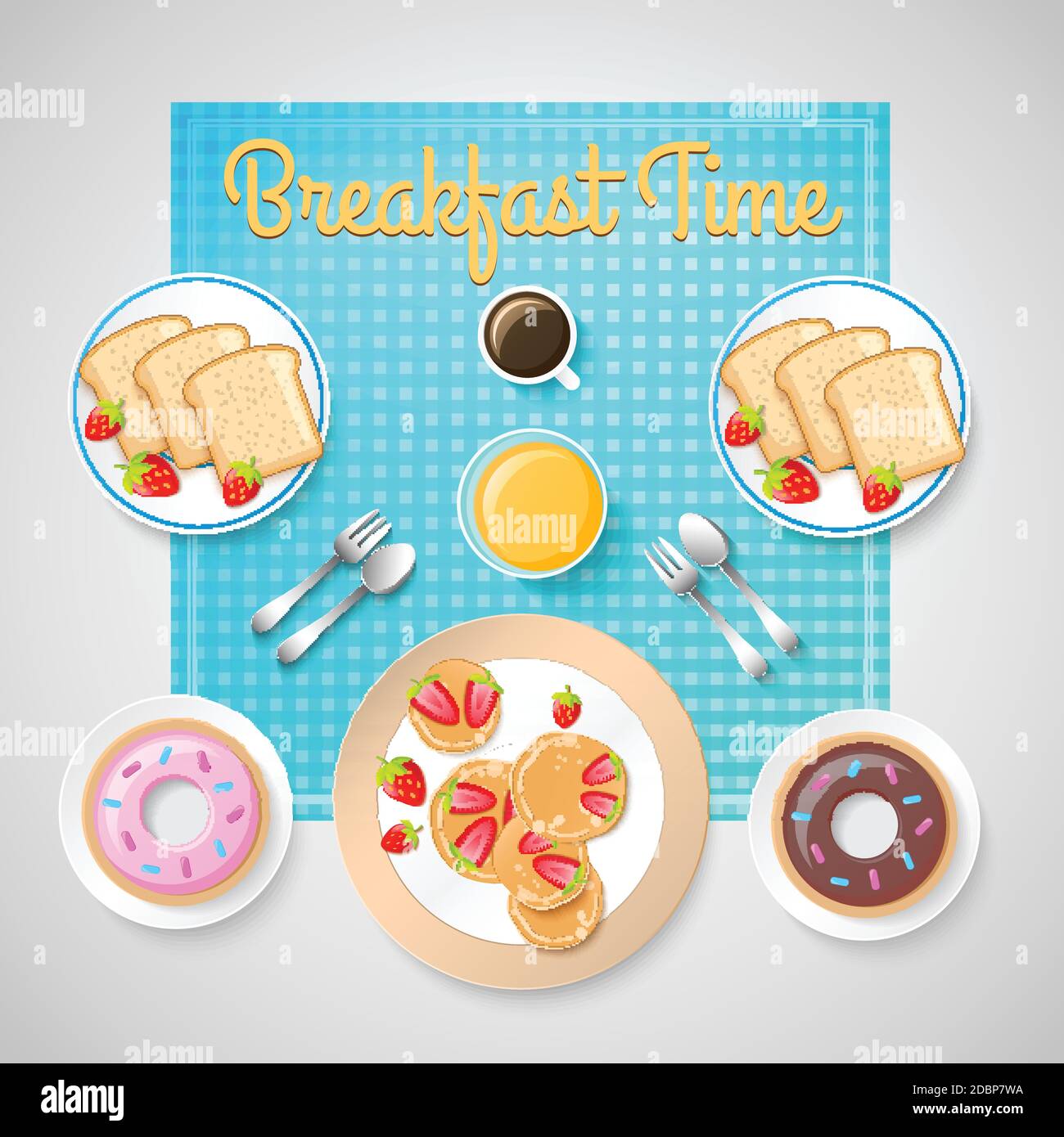 French breakfast template with toasts pancakes donuts honey and cup of ...