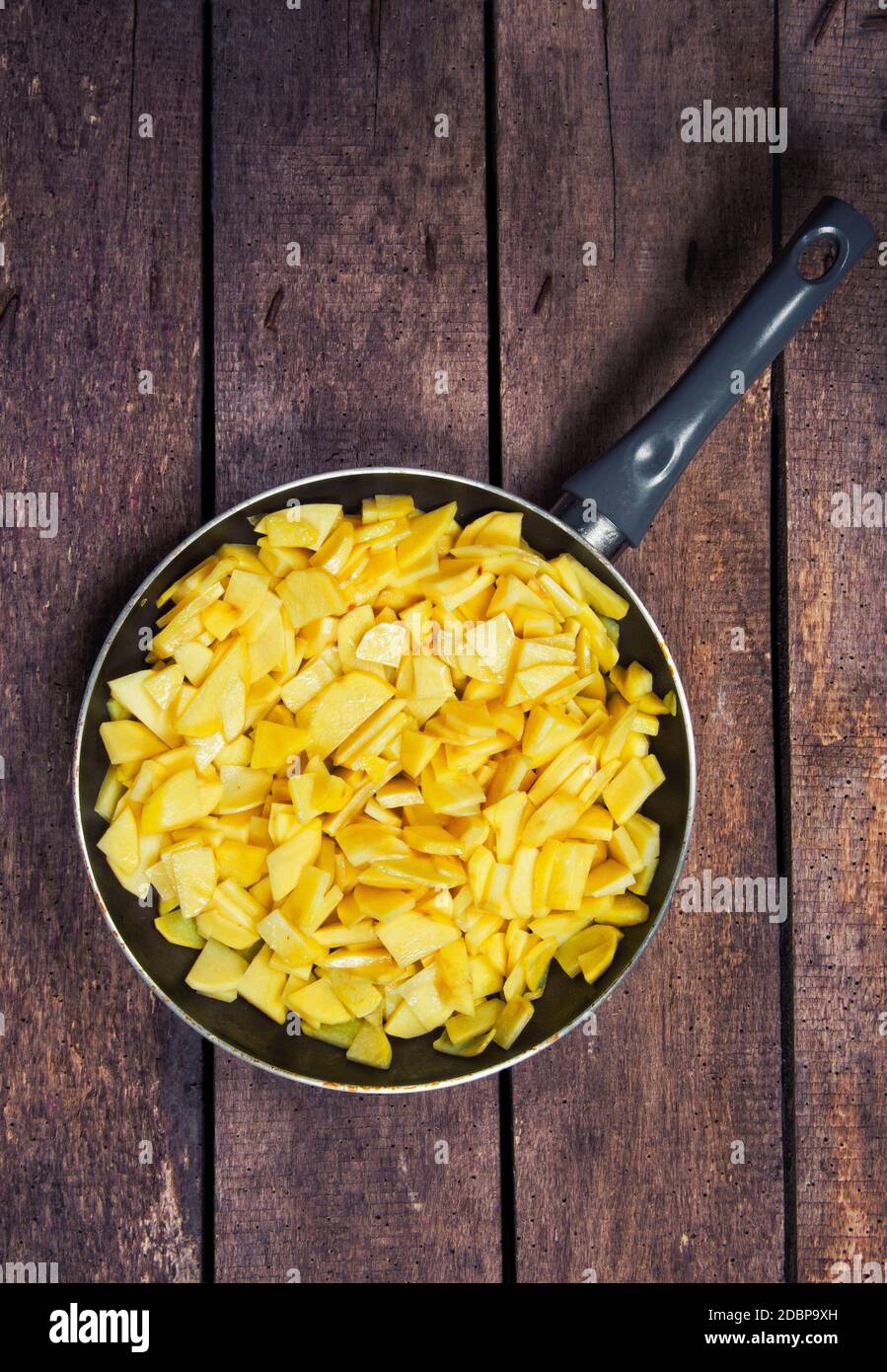 fried potatoes in pan on table,top view Stock Photo - Alamy